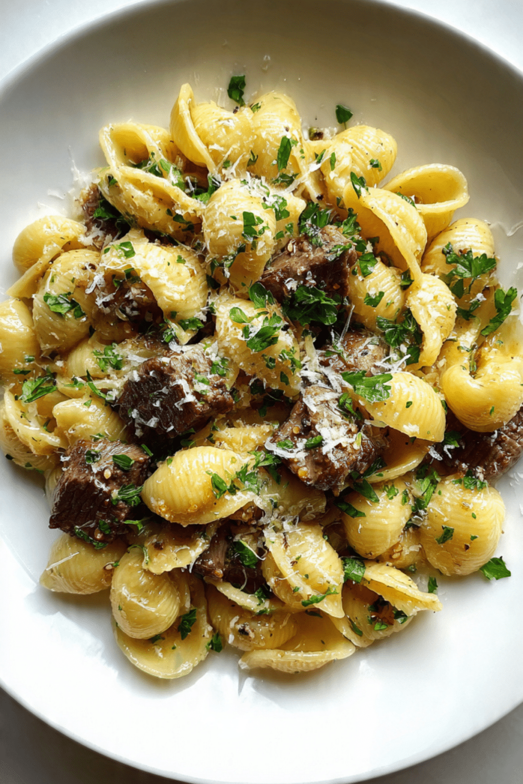 Garlic Butter Steak Bites & Shell Pasta - cookandairies